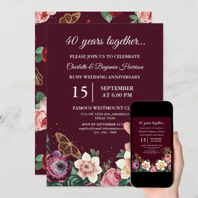 Vintage Floral 40th Ruby Wedding Anniversary Invitation | Zazzle