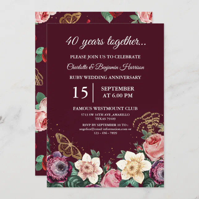Vintage Floral 40th Ruby Wedding Anniversary Invitation | Zazzle