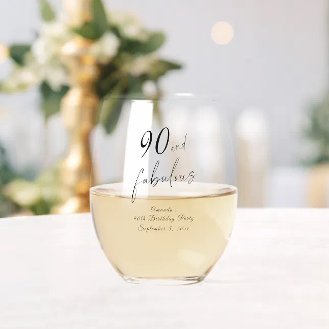 Vintage Floral 90th Birthday Party Stemless Wine Glass | Zazzle