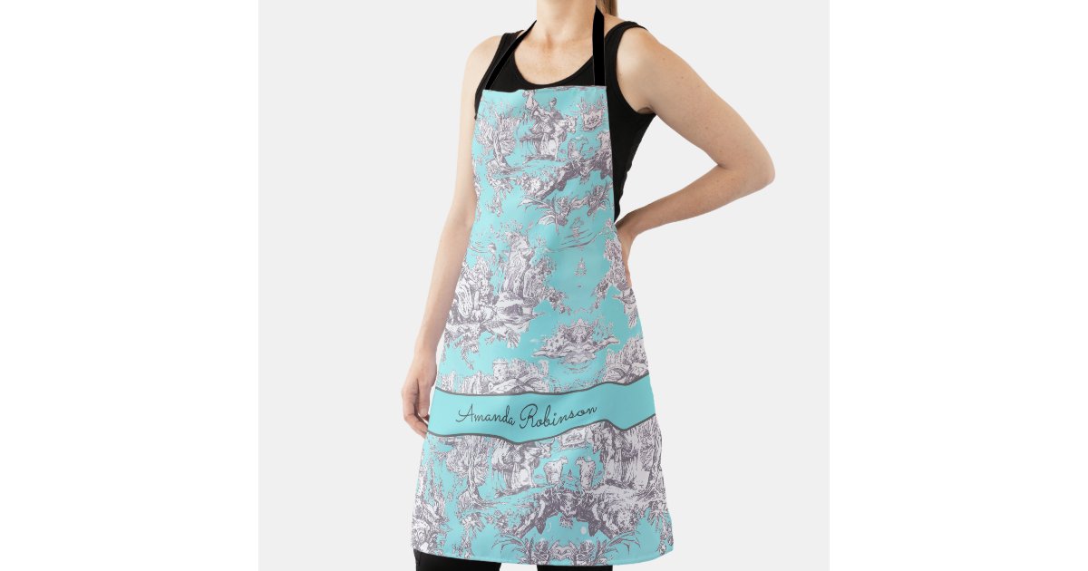Vintage floral aqua blue toile de jouy monogram apron | Zazzle