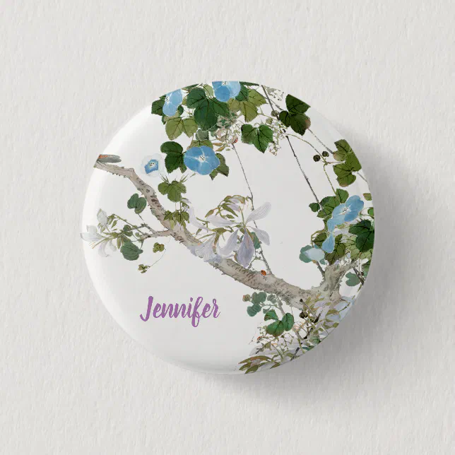 Vintage Floral Asian Style Pastel Colors Name Button | Zazzle