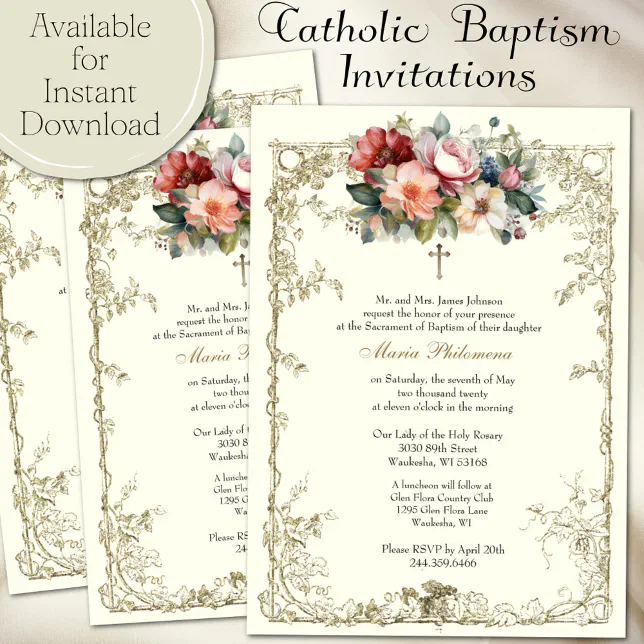 Vintage Floral Baptism Christening Gold Cross Invitation | Zazzle