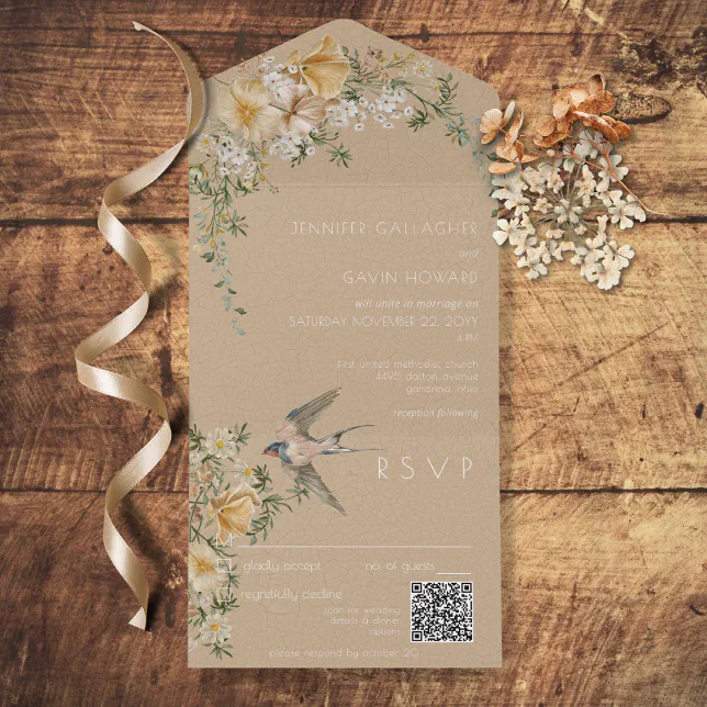 Vintage Floral Bird Tan QR Code All In One Invitation | Zazzle