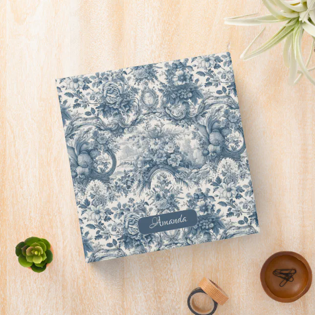 Vintage floral Blue toile de jouy monogram 3 Ring Binder | Zazzle