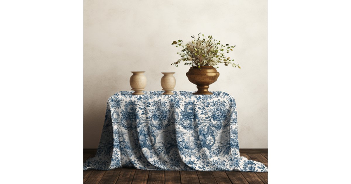 Vintage floral Blue toile de jouy monogram Tablecloth | Zazzle
