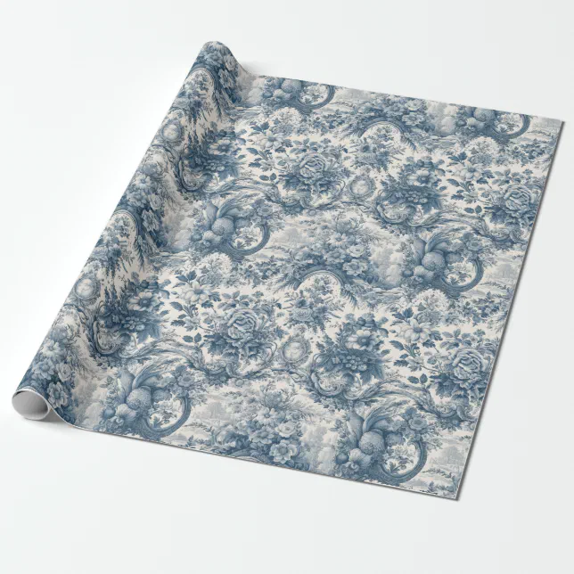 Vintage floral Blue toile de jouy Wrapping Paper | Zazzle