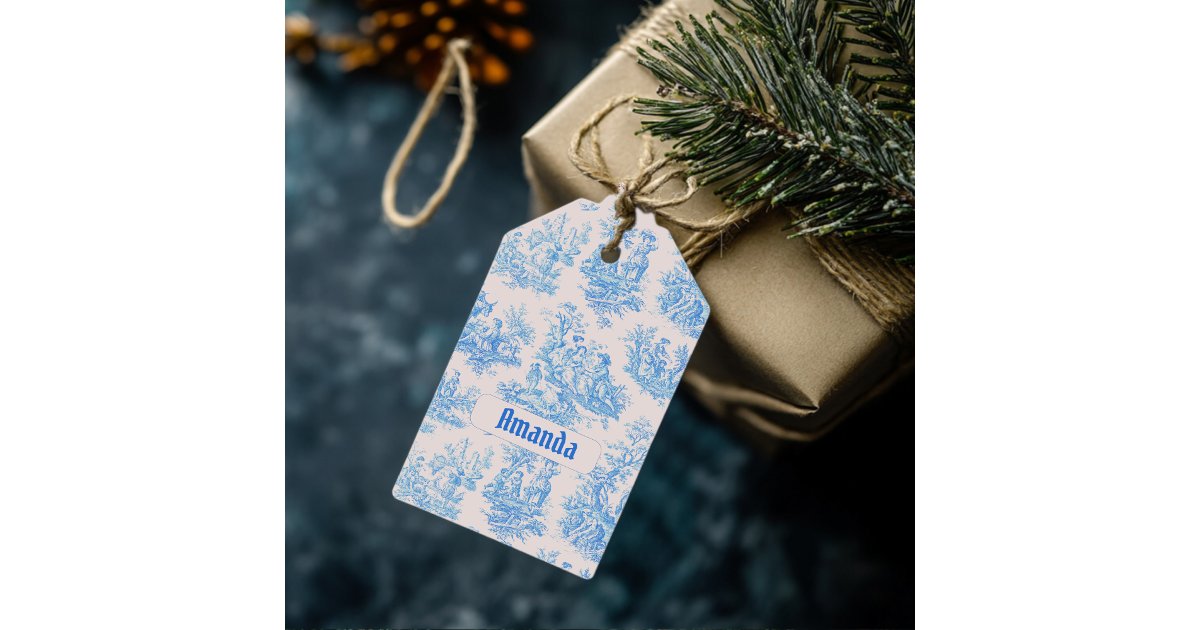 Vintage floral blue turquoise toile jouy monogram gift tags | Zazzle