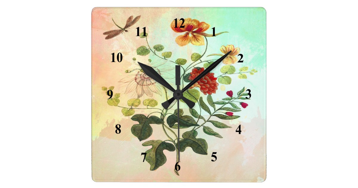 Vintage Floral Botanical Illustration Flowers Art Square Wall Clock ...