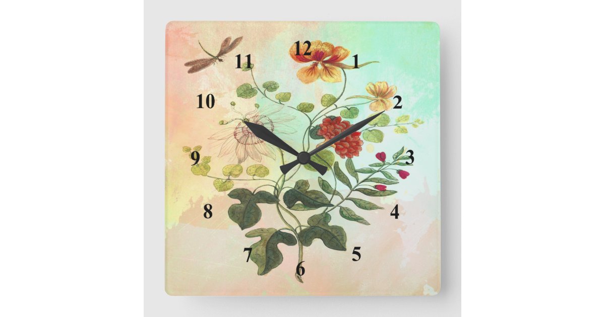 Vintage Floral Botanical Illustration Flowers Art Square Wall Clock ...