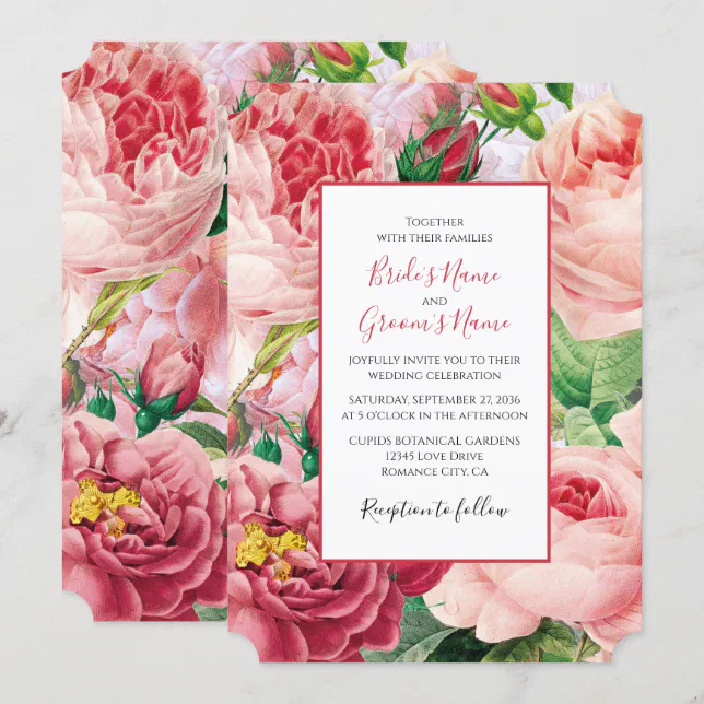 Vintage Floral & Botanical Pink Roses Wedding Invitation | Zazzle