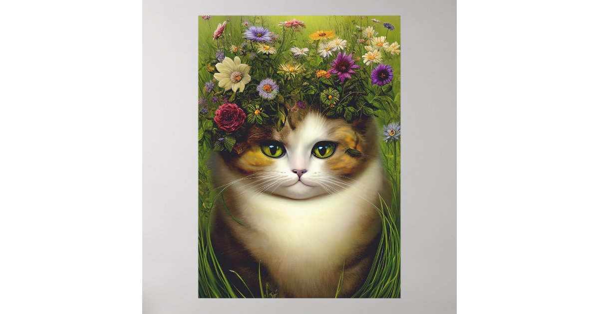 Vintage Floral Cat Poster For Decoupage Or Collage | Zazzle