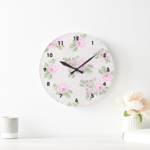 Vintage floral chic pink roses large clock | Zazzle