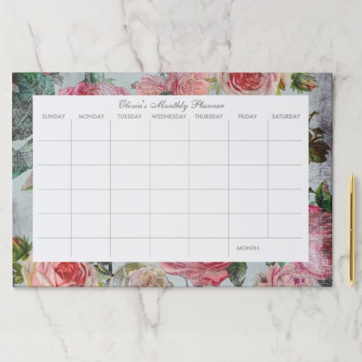 Vintage Floral Custom Desk Pad Monthly Calendar | Zazzle