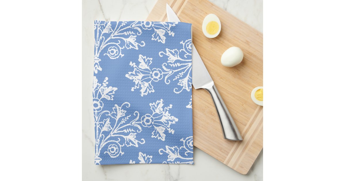 Vintage Floral Damask White and Cornflower Blue Kitchen Towel | Zazzle