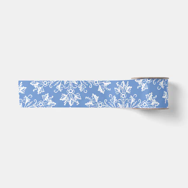 Vintage Floral Damask White and Cornflower Blue Satin Ribbon | Zazzle