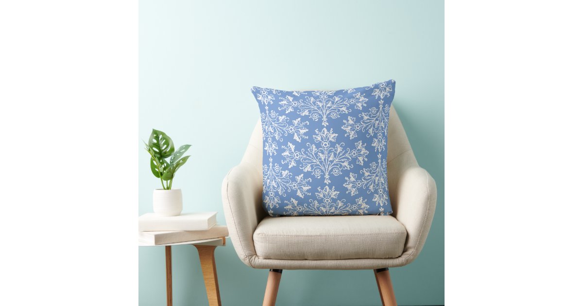 Vintage Floral Damask White and Cornflower Blue Throw Pillow | Zazzle