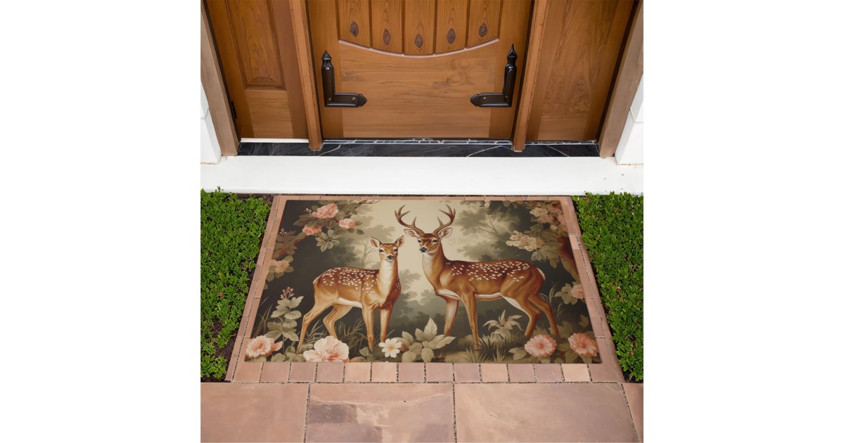 Vintage Floral Forest Deer Doormat | Zazzle