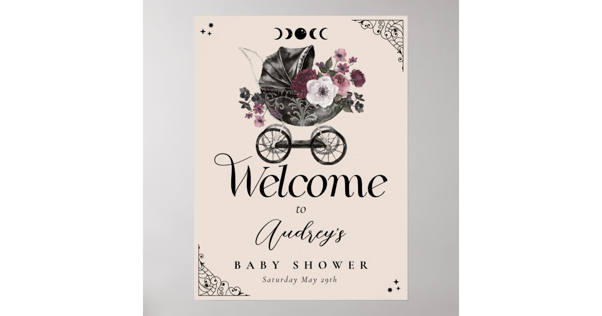 Vintage Floral Gothic Stroller Baby Shower Welcome Poster | Zazzle