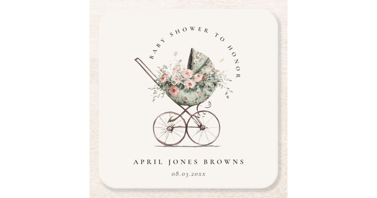 Vintage Floral Green Blush Stroller Baby Shower Square Paper Coaster ...