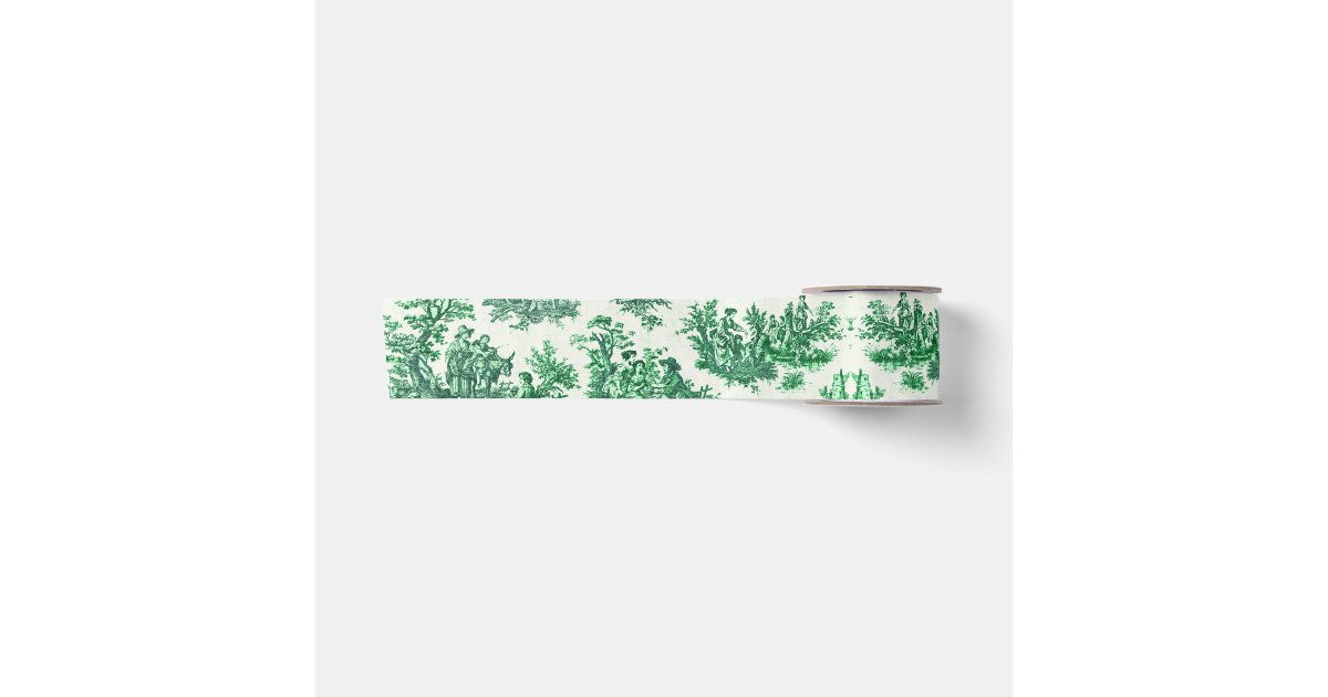 Vintage floral green toile jouy satin ribbon | Zazzle