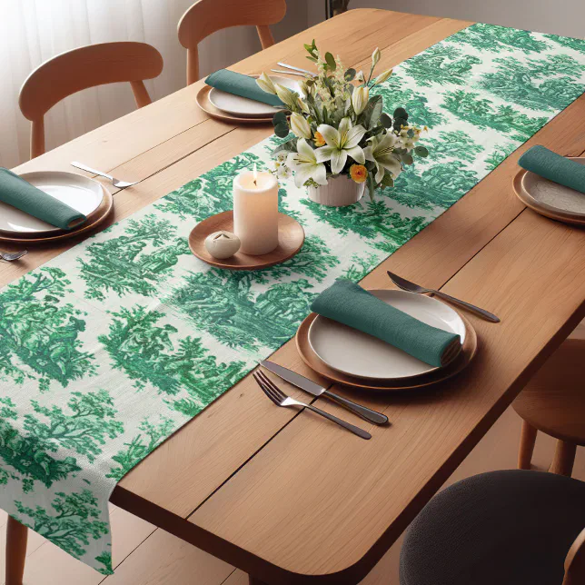 Vintage floral green toile jouy short table runner | Zazzle