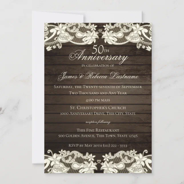 Vintage Floral Lace Rustic 50th Anniversary Invitation | Zazzle