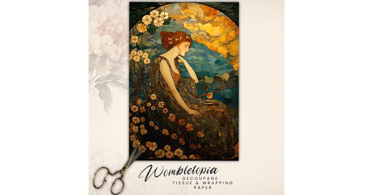 Vintage Floral Mosaic Moonlit Gold Lady Decoupage Tissue Paper | Zazzle