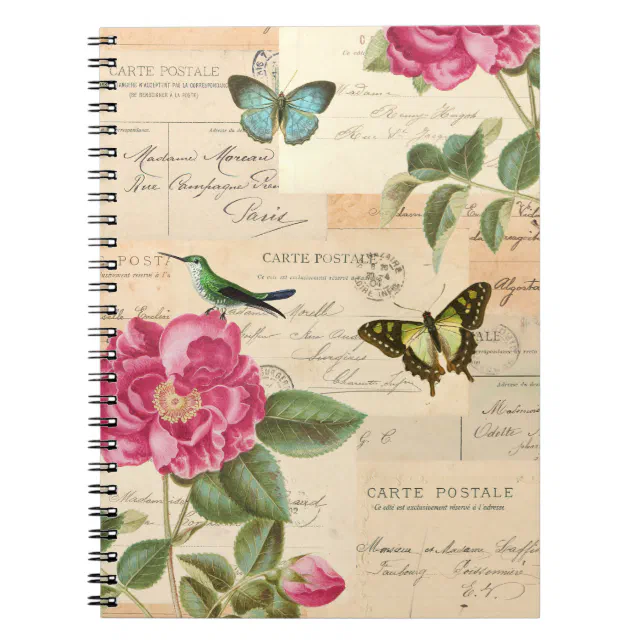 Vintage floral notebook with roses and butterflies | Zazzle