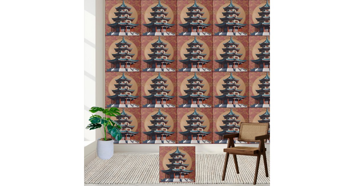 Vintage Floral Oriental Chinese Pagoda Chinoiserie Ceramic Tile | Zazzle