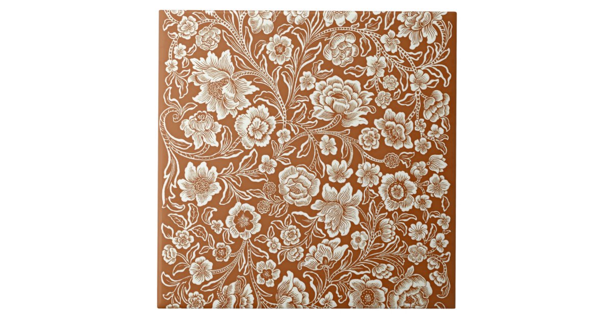Vintage Floral Pattern, Caramel Color Ceramic Tile | Zazzle