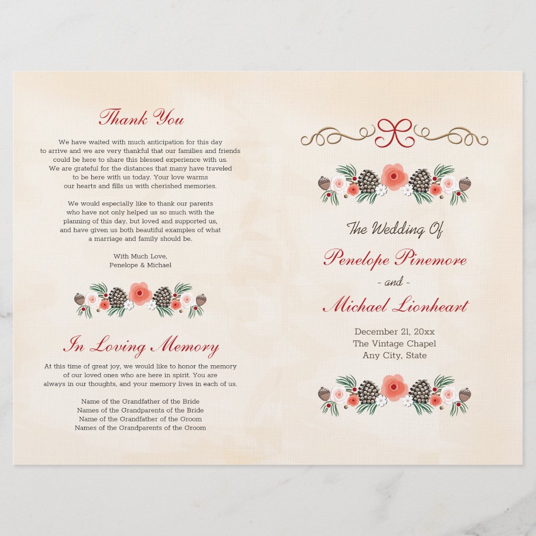 Vintage Floral Pine Christmas Wedding Program | Zazzle
