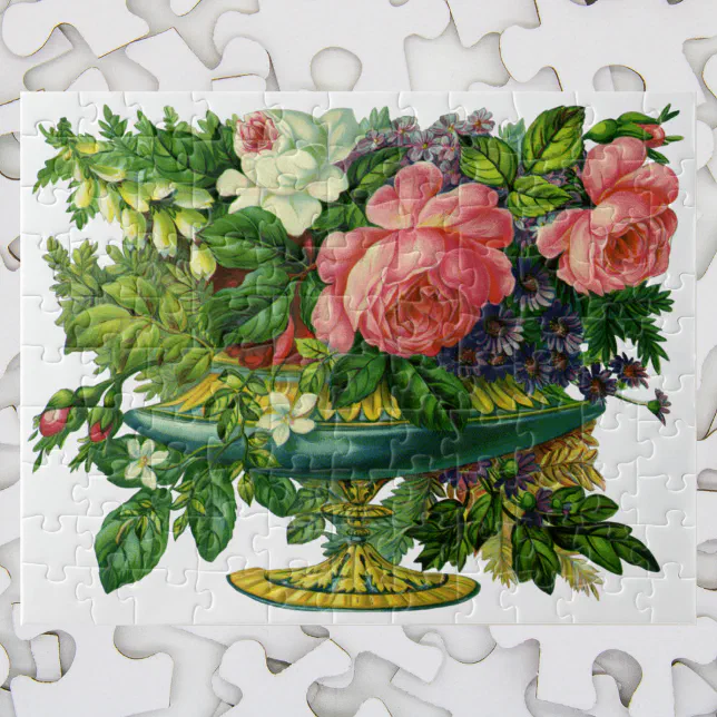 Vintage Floral Pink Roses, Vase of Flowers Jigsaw Puzzle | Zazzle