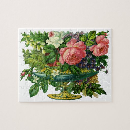 Vintage Floral Pink Roses, Vase of Flowers Jigsaw Puzzle | Zazzle