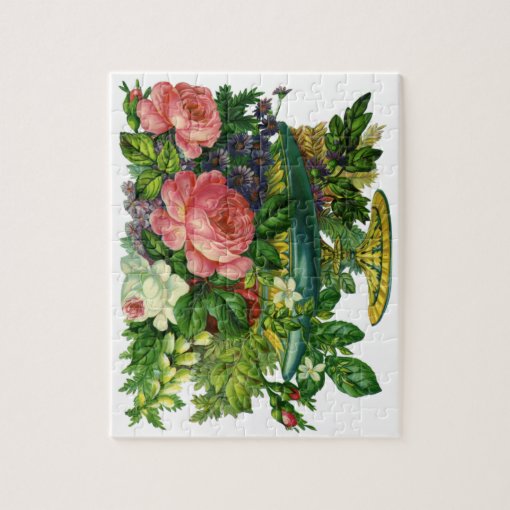 Vintage Floral Pink Roses, Vase of Flowers Jigsaw Puzzle | Zazzle