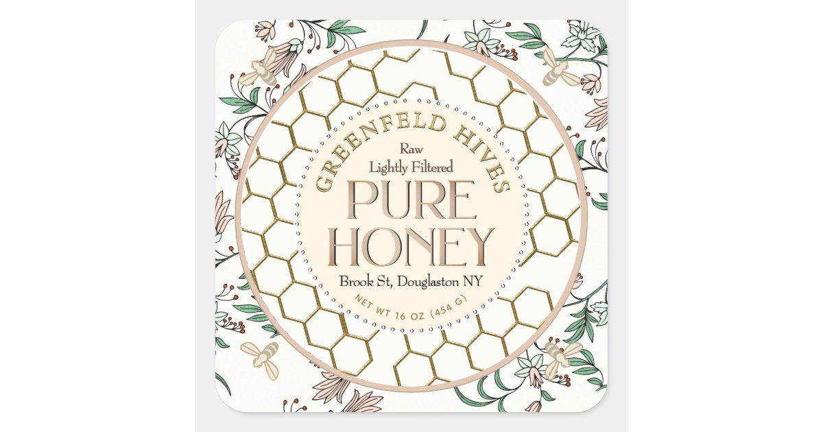 Vintage Floral Print Bees Honeycomb Raw Honey Square Sticker | Zazzle