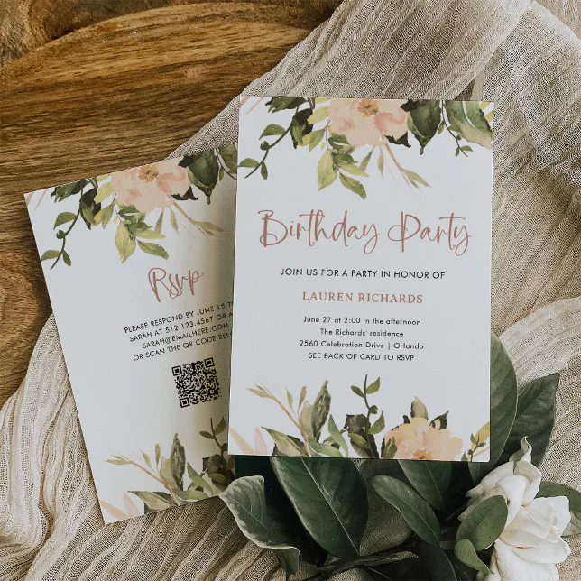 Vintage Floral | QR Code Birthday Party Invitation | Zazzle