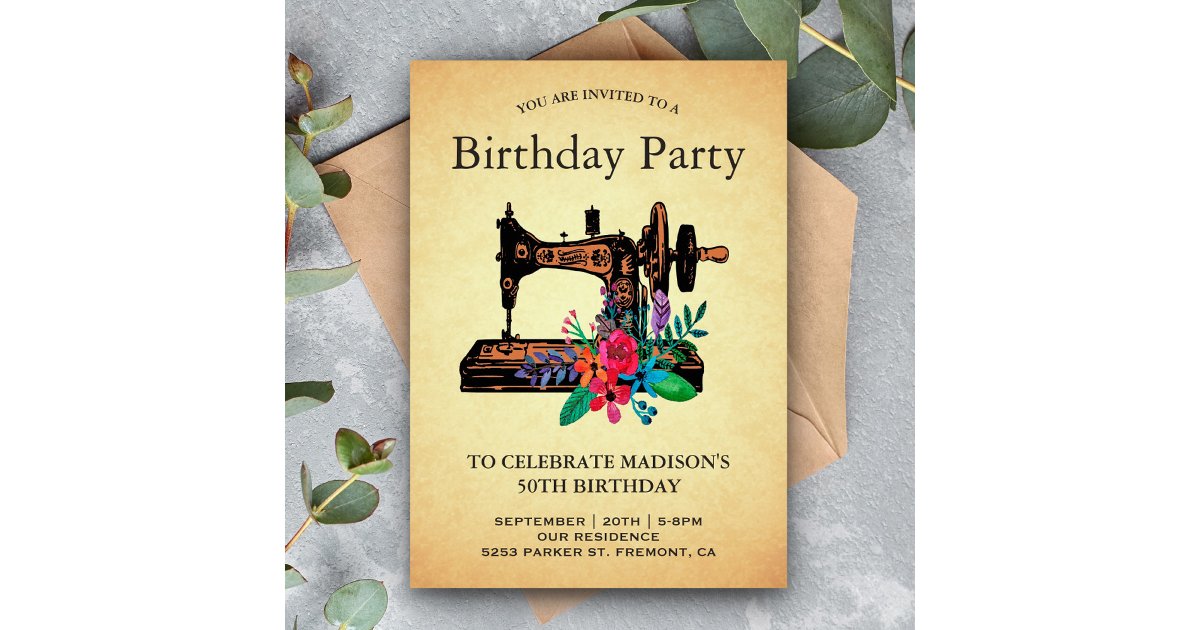 Vintage Floral Sewing Machine Birthday Party Invitation | Zazzle