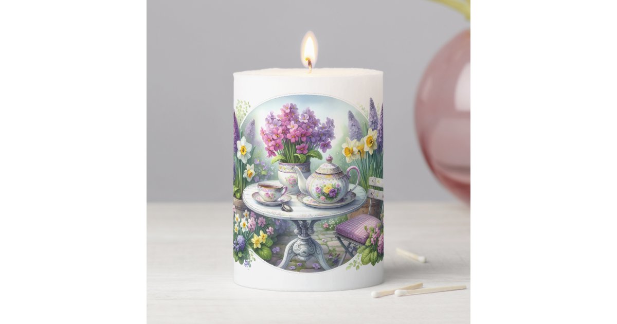 Vintage Floral Tea Party in Garden Pillar Candle | Zazzle