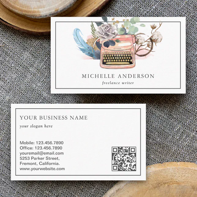 Vintage Floral Typewriter QR Code Writer Author Business Card | Zazzle