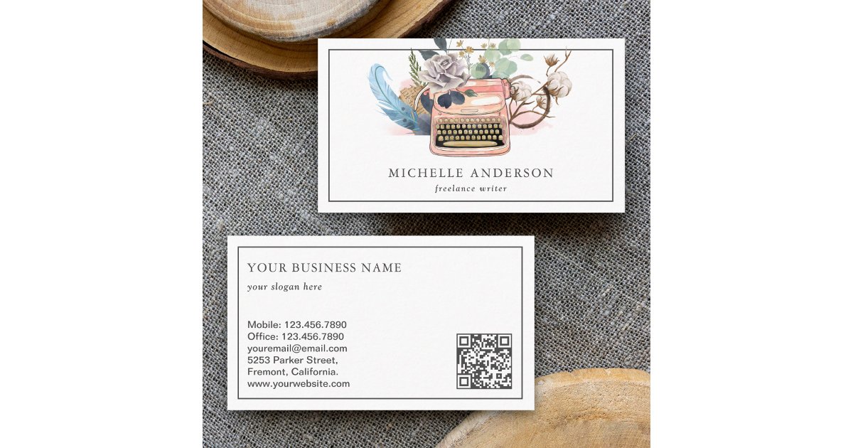 Vintage Floral Typewriter QR Code Writer Author Business Card | Zazzle