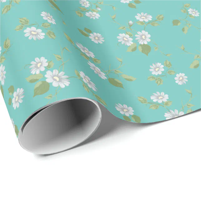 Vintage Floral White Daisies French Country Teal Wrapping Paper | Zazzle