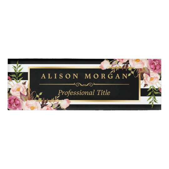 Vintage Floral Wrapping Gold Black White Stripes Name Tag | Zazzle.com