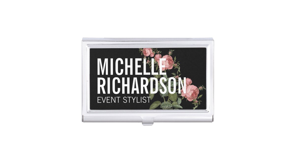 Vintage Florals Bold Text on Black Case For Business Cards | Zazzle