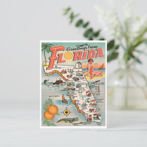 Vintage Florida map Greetings from Florida Postcard | Zazzle