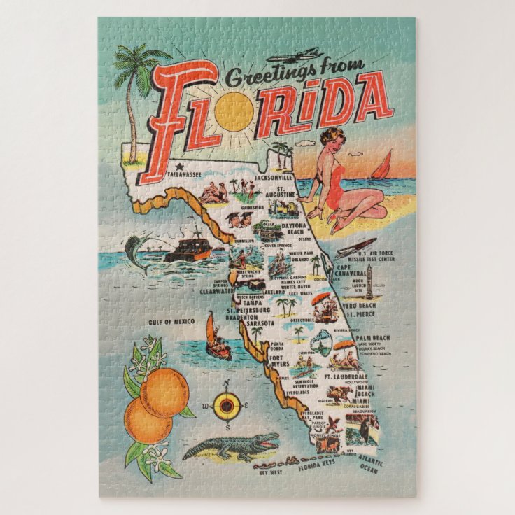 Vintage Florida Map of Attractions Jigsaw Puzzle | Zazzle