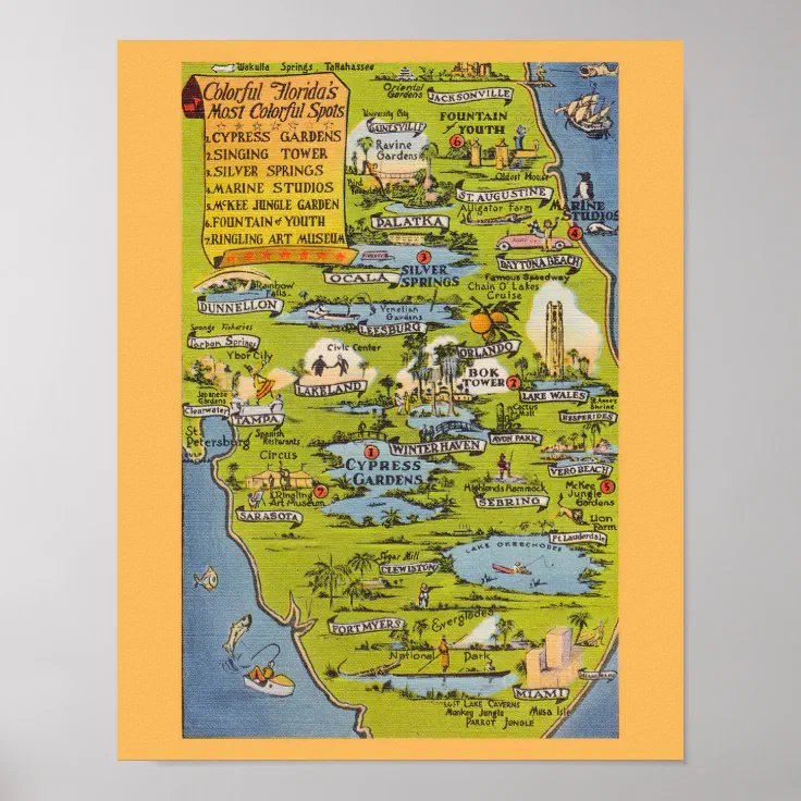 Vintage Florida Map of Colorful Spots Poster | Zazzle