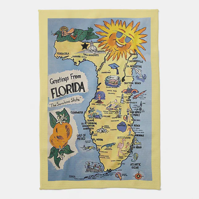 Vintage Florida tourist greetings map Kitchen Towel | Zazzle