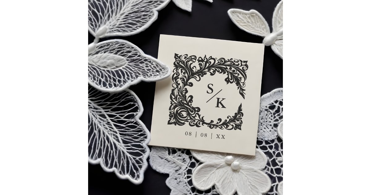 Vintage Flourish Ornate Frame Wedding Initials Rubber Stamp | Zazzle
