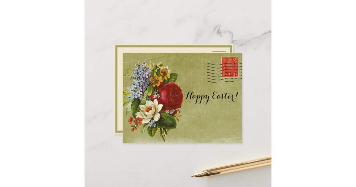 Vintage Flower Bouquet Green Mail with Red Stamp Holiday Postcard | Zazzle
