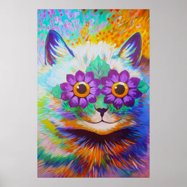 Vintage Flower Power Cat Art Poster | Zazzle